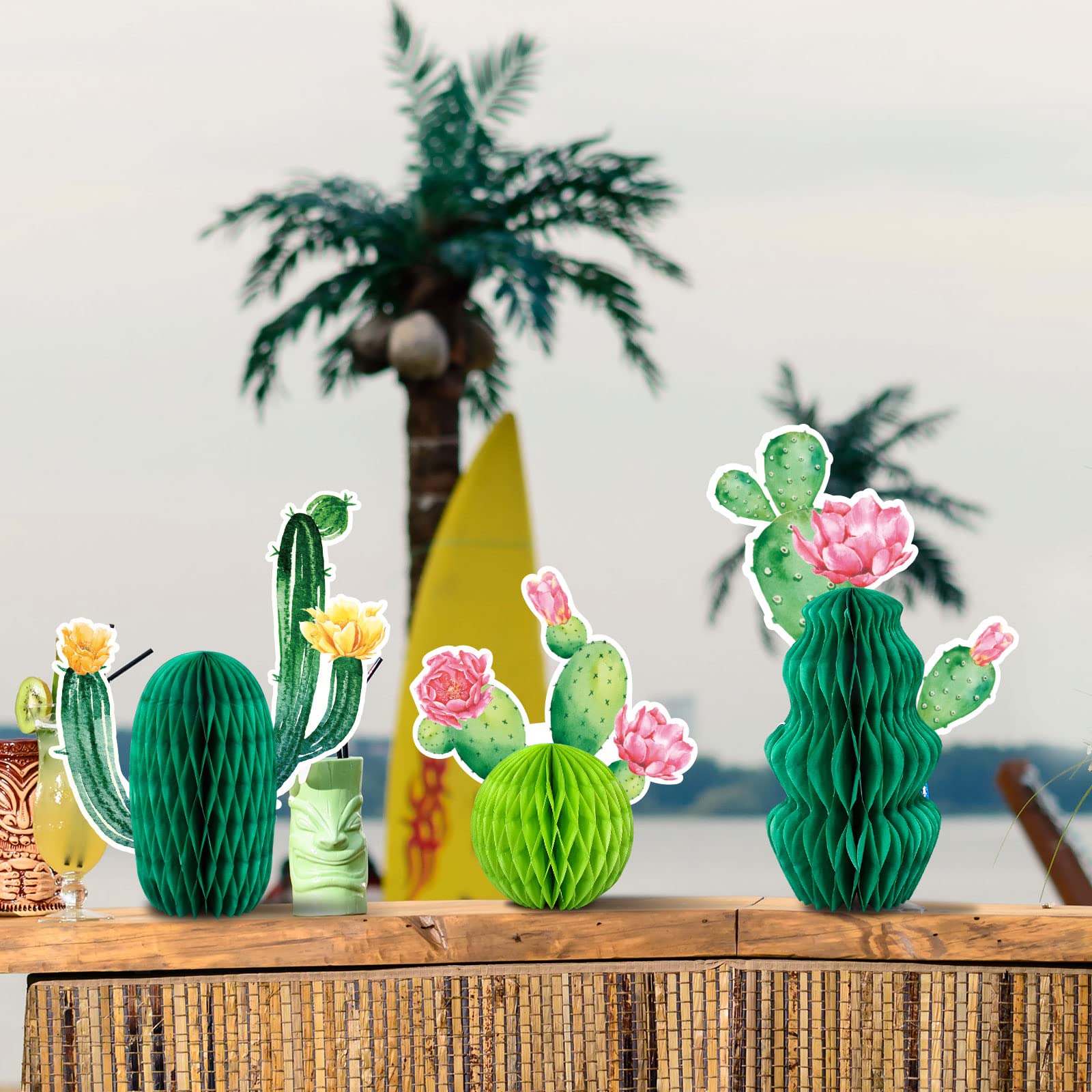 Whaline 6Pcs Cactus Honeycomb Centerpieces Succulent Plants Paper Table Topper Greenery Bloom Theme Summer Party Table Decoration for Birthday Hawaiian Luau Baby Shower Photography, 3 Design