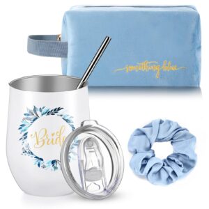 set of 3 something blue wedding gift for bride blue flowers bride sign 12 oz stainless steel insulated tumbler with lids something blue bridal cosmetic bag blue scrunchies hair tie gifts to bride