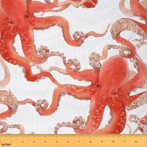 octopus decorative fabric by the yard red orange marine life indoor outdoor upholstery fabric wild ocean animal fabric for quilting sewing arts diy craft,1 yard