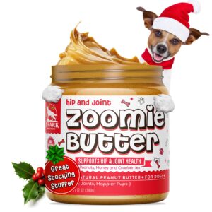 zoomie butter hip & joint dog peanut butter spread supplement, all natural dog treat. human grade & safe anti inflammatory puppy food, peanuts & turmeric for pain, stiffness, grown & made in usa