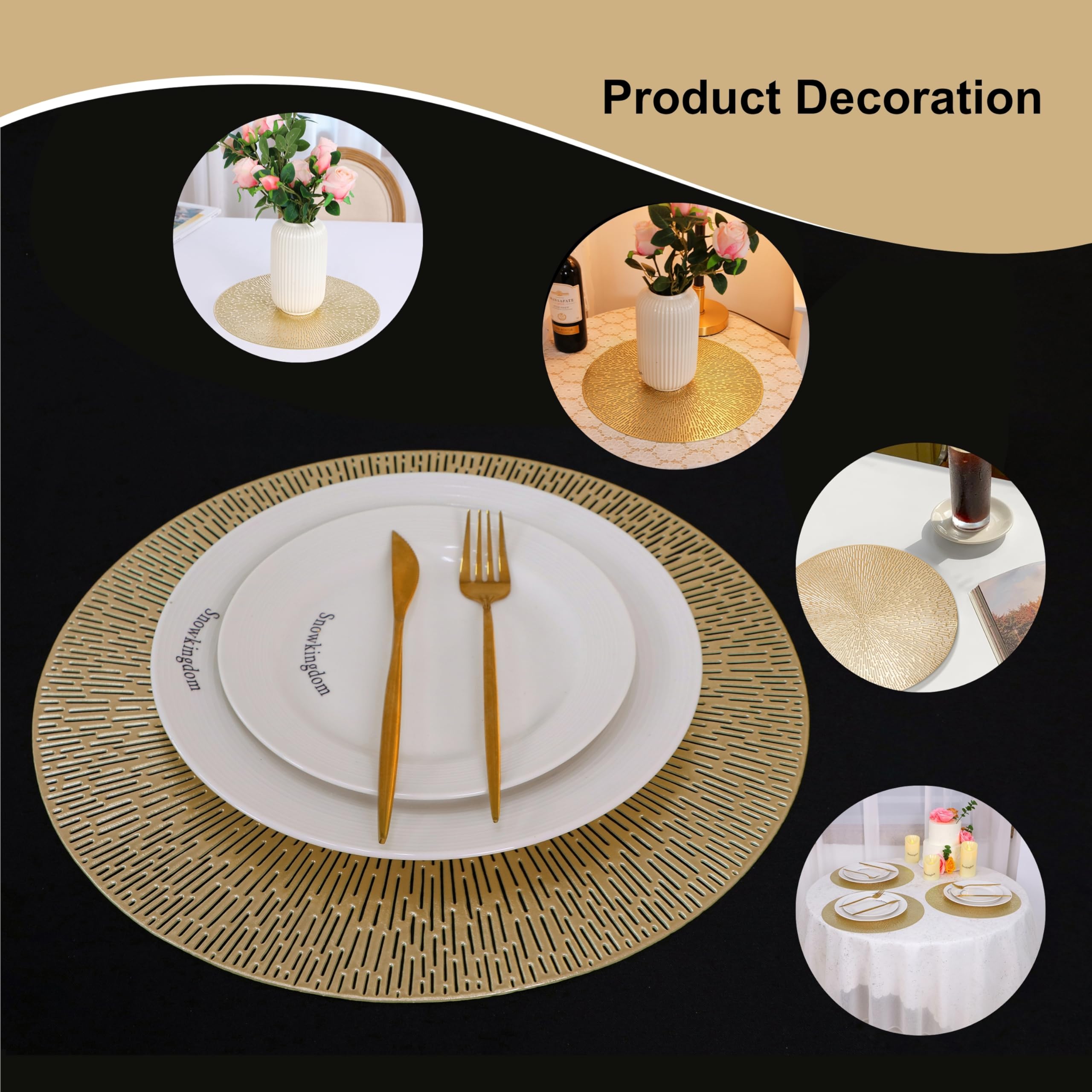 Round Placemats Gold Metallic Set of 6 Vinyl Hollow Placemats 15'', Washable Easy Clean Wipeable Non Slip Stain Heat Resistant Dinning Table Place Mats for Wedding Party Decoration by Snowkingdom