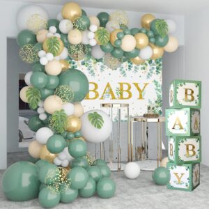 DataMoon 125PCS Sage Green Baby Shower Decorations - Retro Green and Gold Balloons Different Sizes, Green Baby Backdrop and Sage Green Baby Boxes for Gender Reveal, Birthday, Woodland Jungle Party