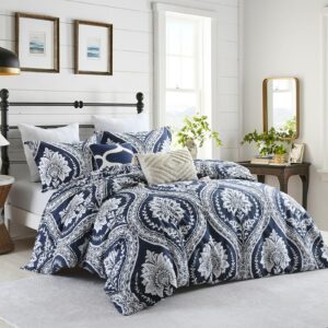 bedduvit cotton duvet cover queen - navy blue damask queen duvet cover set,breathable minimalism damask patterned duvet cover queen with zipper closure & 8 ties (90"x90", no comforter)