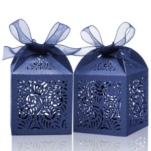 cotopher 100pcs laser cut favor boxes, 2x2x2.75in small gift boxes for presents, party wedding favors boxes with ribbon, mini candy boxes for event bridal shower anniversary birthday christmas, navy