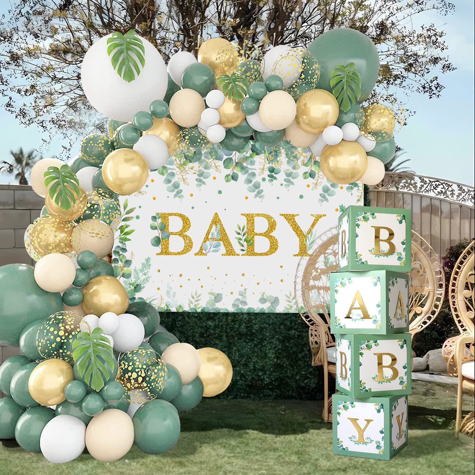 DataMoon 125PCS Sage Green Baby Shower Decorations - Retro Green and Gold Balloons Different Sizes, Green Baby Backdrop and Sage Green Baby Boxes for Gender Reveal, Birthday, Woodland Jungle Party