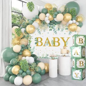 datamoon 125pcs sage green baby shower decorations - retro green and gold balloons different sizes, green baby backdrop and sage green baby boxes for gender reveal, birthday, woodland jungle party