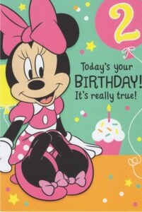 minnie mouse happy 2nd second birthday card (age 2) - today's your birthday! it's really true! bye-bye to one, hello to two! happy birthday!