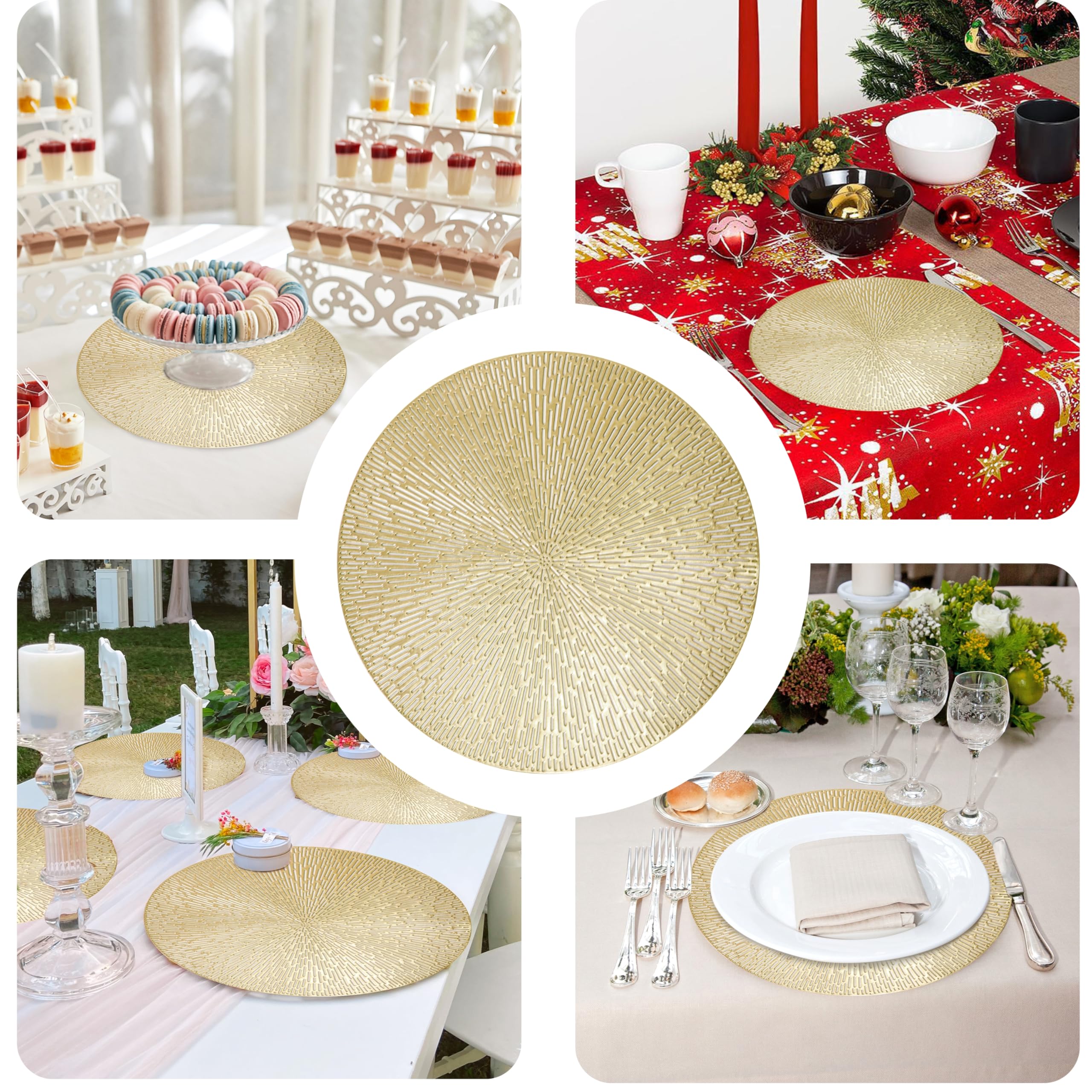 Round Placemats Gold Metallic Set of 6 Vinyl Hollow Placemats 15'', Washable Easy Clean Wipeable Non Slip Stain Heat Resistant Dinning Table Place Mats for Wedding Party Decoration by Snowkingdom