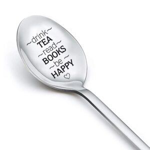 tea book lovers gifts spoon for women men drink tea read books be happy spoons for tea lover book reader friendship gifts for girls boys graduation birthday gift for family student friend teaspoon