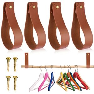 tiesome leather hook lanyard, 4pcs wall hanging straps hanger towel hook curtain rod holder for bathroom kitchen bedroom boho style decor(brown)