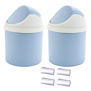 zgwansui 2pcs desktop trash can with swing lid & 120 trash bag, mini countertop trash can for desk, tiny cute garbage can, small waste bin for tabletop counter top vanity home office car, blue