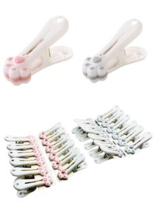 ctpeng 24 pack traceless plastic clothespins,clothes pins hanging clips for laundry,cute chip clips, food bag clips with strong grip for snack coffee chips storage(cat paw pattern,pink&grey)