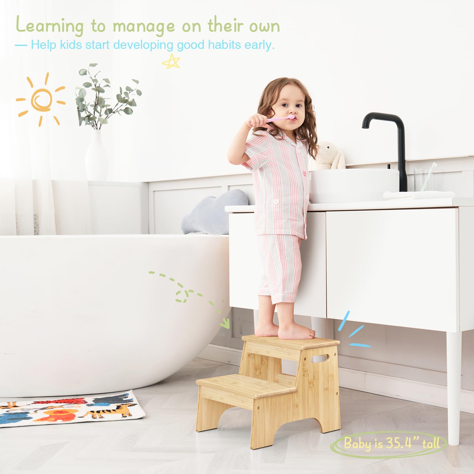 Forbena Wooden 2 Step Stool for Toddlers, Heavy Duty Kids Step Stool for Bathroom Sink Kitchen Counter, Bamboo Wood Non-Slip Kid Children Potty Stepping Stool Seat with Handles for Toilet Bed