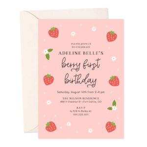 hello love goods berry first birthday party invitations, 4.25x5.5 or 5x7 personalized strawberry 1st birthday invites with envelopes