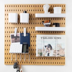 mulsame 22" x 22" pegboard combination kit, wall mounted storage set with 4 pegboards & 14 accessories hanging, woodlike peg boards organizer for walls display, crafts organization, kitchen organizer