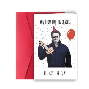 xxdjlp horror themed birthday cards gifts for men women, funny halloween michael myers birthday card for him her, creepy killer movie bday greeting cards with envelope