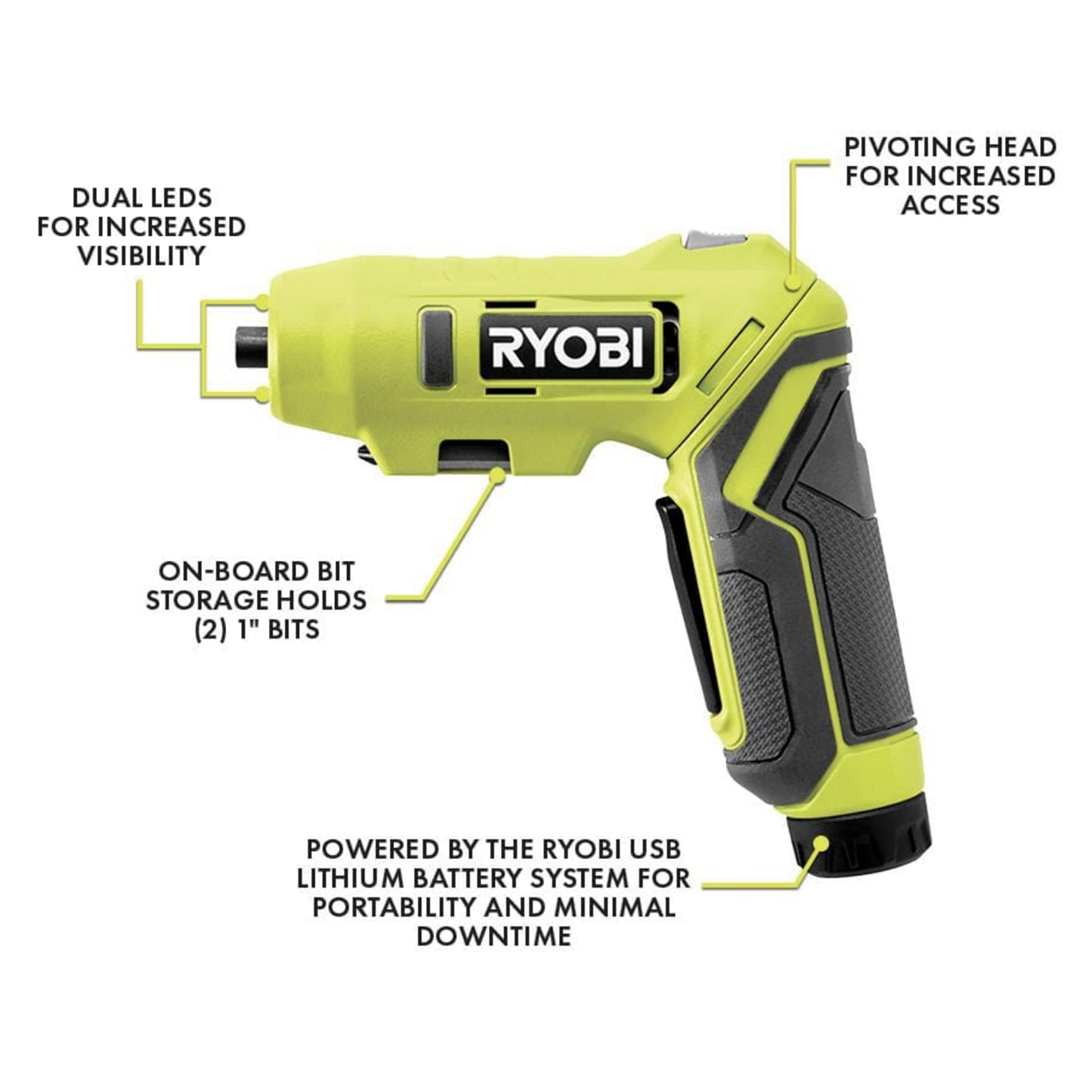 USB Lithium Screwdriver Bundle with Ryobi Cordless Screwdriver, USB Lithium 2.0 Ah 4-Volt Lithium-ion Rechargeable Battery, USB Charging Cable, Multipurpose Drill Bit Set and 16 Inch Buho Tool Bag