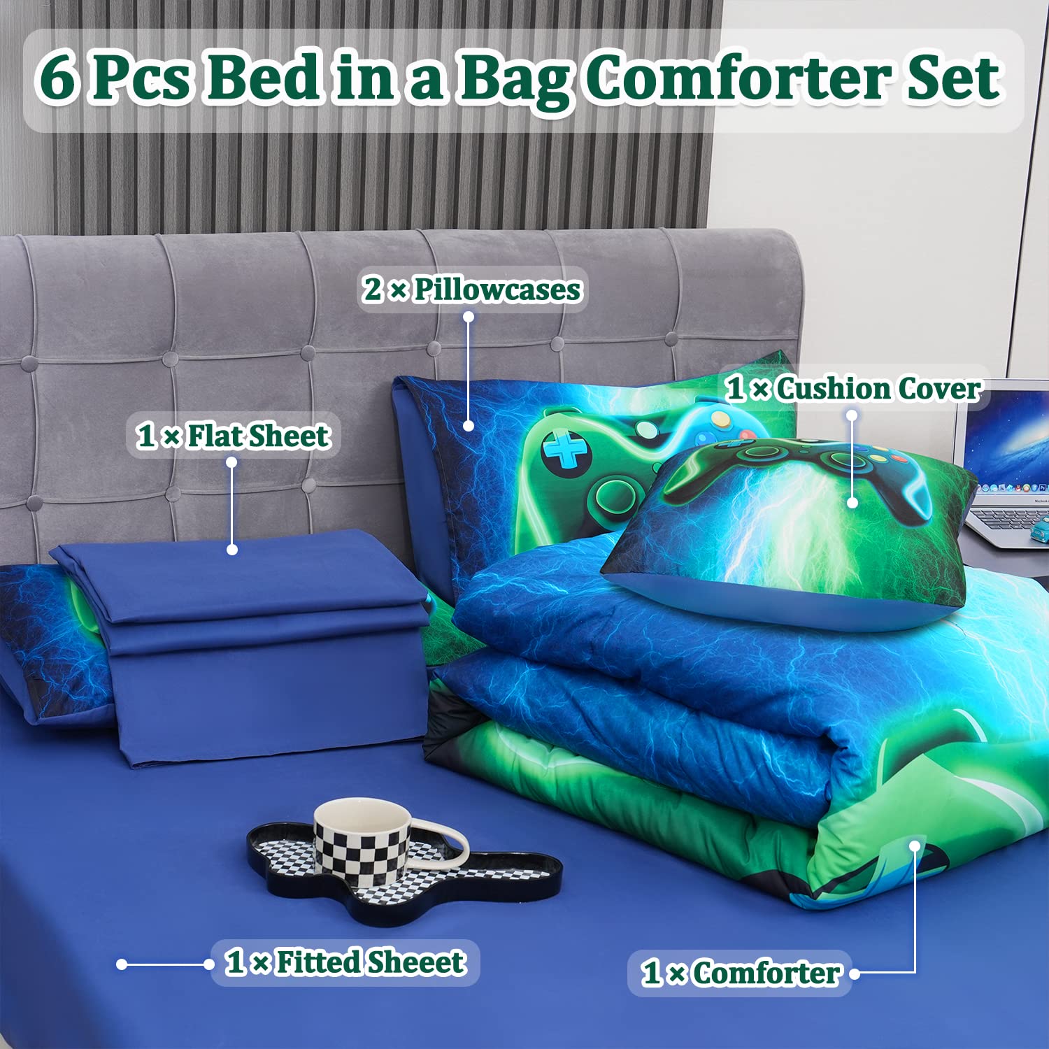 ASKOTU 6 Pcs Gamer Full Bedding Set for Boys, Blue Green Lightnings Bed in A Bag Full Size Gaming Comfortter Set with Sheets for Boys