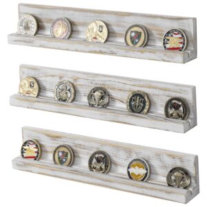 mygift wall mounted white washed solid wood challenge coin holder, casino chip collectors display rack, single row military coins collection shelf, set of 3