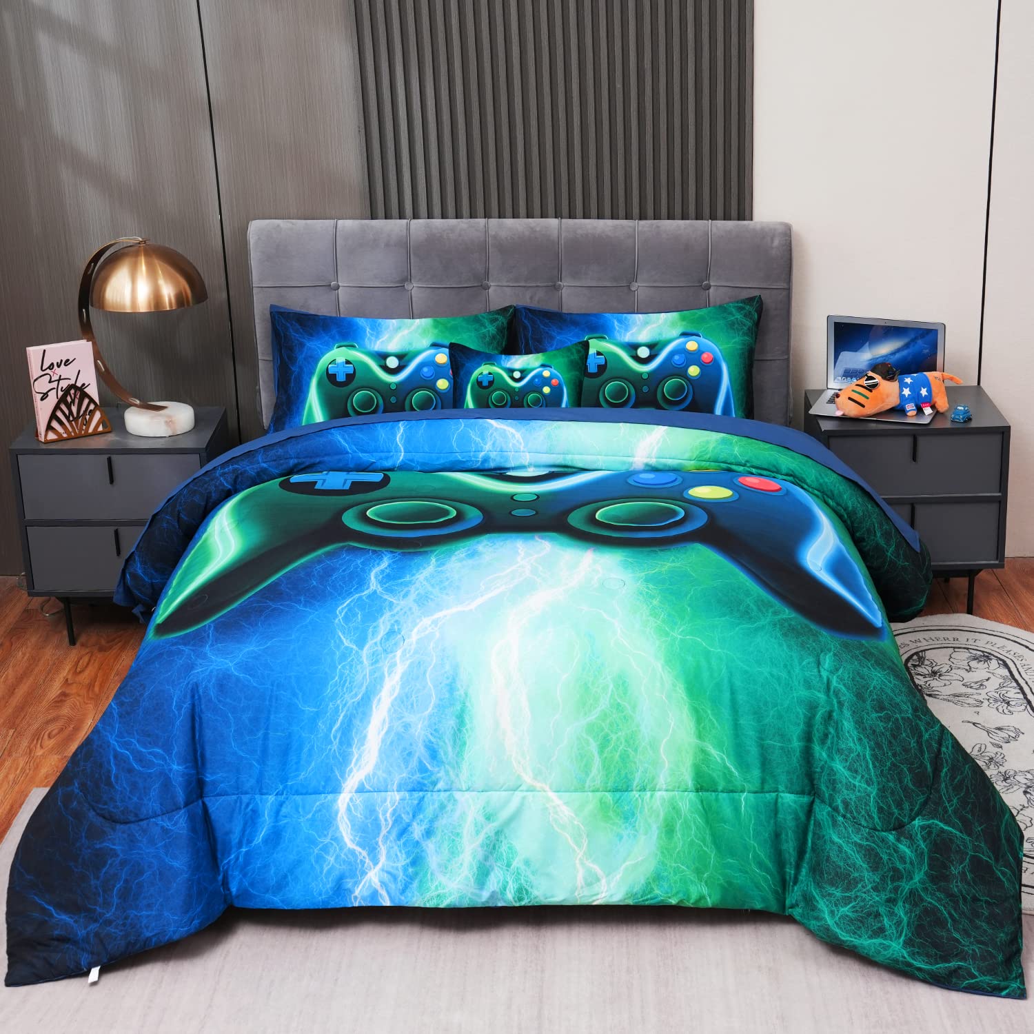 ASKOTU 6 Pcs Gamer Full Bedding Set for Boys, Blue Green Lightnings Bed in A Bag Full Size Gaming Comfortter Set with Sheets for Boys