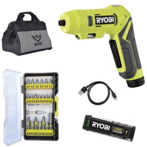 usb lithium screwdriver bundle with ryobi cordless screwdriver, usb lithium 2.0 ah 4-volt lithium-ion rechargeable battery, usb charging cable, multipurpose drill bit set and 16 inch buho tool bag