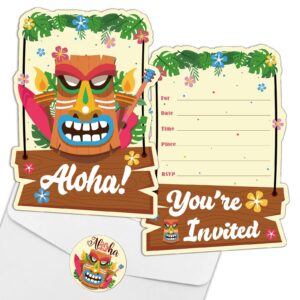 rewidparty aloha luau party invitations with envelopes & stickers（set of 15） tiki luau shaped fill-in invitations hawaiian summer party invites cards tropical hawaiian beach birthday party supplies