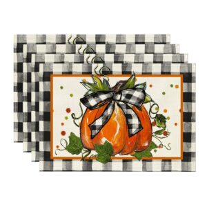 artoid mode pumpkin buffalo plaid fall placemats set of 4, 12x18 inch seasonal autumn table mats for outdoor home party dining decoration