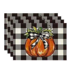 artoid mode buffalo plaid pumpkin fall placemats set of 4, 12x18 inch seasonal autumn table mats for party kitchen dining decoration