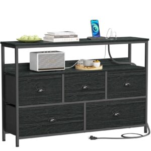 furologee console sofa table with power outlet, long 45" tv stand with 5 drawers, entertainment center with storage for 55'' tv, entryway table for bedroom, living room, hallway, black oak