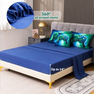 ASKOTU 6 Pcs Gamer Full Bedding Set for Boys, Blue Green Lightnings Bed in A Bag Full Size Gaming Comfortter Set with Sheets for Boys