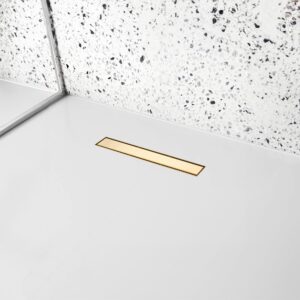 24 inch linear shower drain with removable square hole panel by using brushed 304 stainless steel process, linear drain equipped with adjustable feet and hair strainer(brushed gold color)