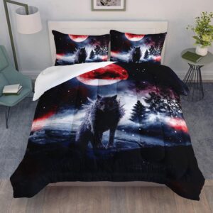 ailonen outdoors wolf comforter set full size, evening snowfield red moon wolf bedding set,wild aminal 3d print duvet set 3 pieces, 1 quilt + 2 pillowcases