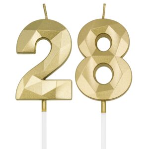 28th & 82nd birthday candles for cake, gold number 28 82 3d diamond shaped candle birthday decorations party supplies for women or men