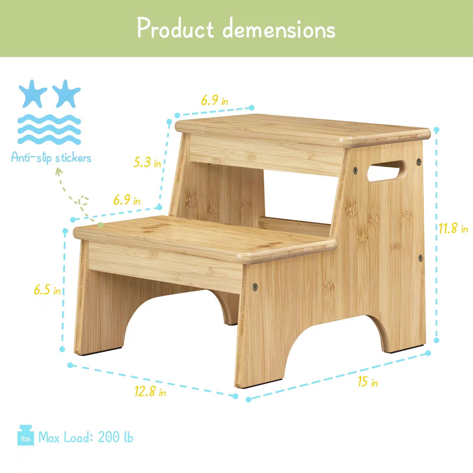 Forbena Wooden 2 Step Stool for Toddlers, Heavy Duty Kids Step Stool for Bathroom Sink Kitchen Counter, Bamboo Wood Non-Slip Kid Children Potty Stepping Stool Seat with Handles for Toilet Bed