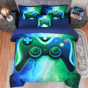 ASKOTU 6 Pcs Gamer Full Bedding Set for Boys, Blue Green Lightnings Bed in A Bag Full Size Gaming Comfortter Set with Sheets for Boys