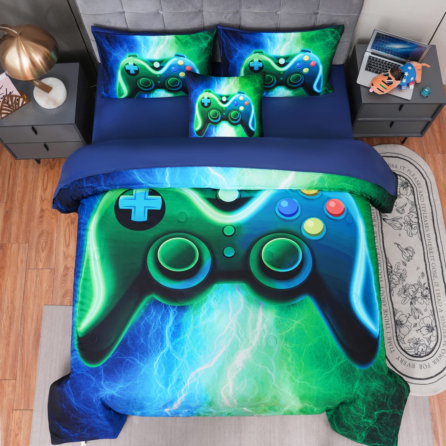 ASKOTU 6 Pcs Gamer Full Bedding Set for Boys, Blue Green Lightnings Bed in A Bag Full Size Gaming Comfortter Set with Sheets for Boys