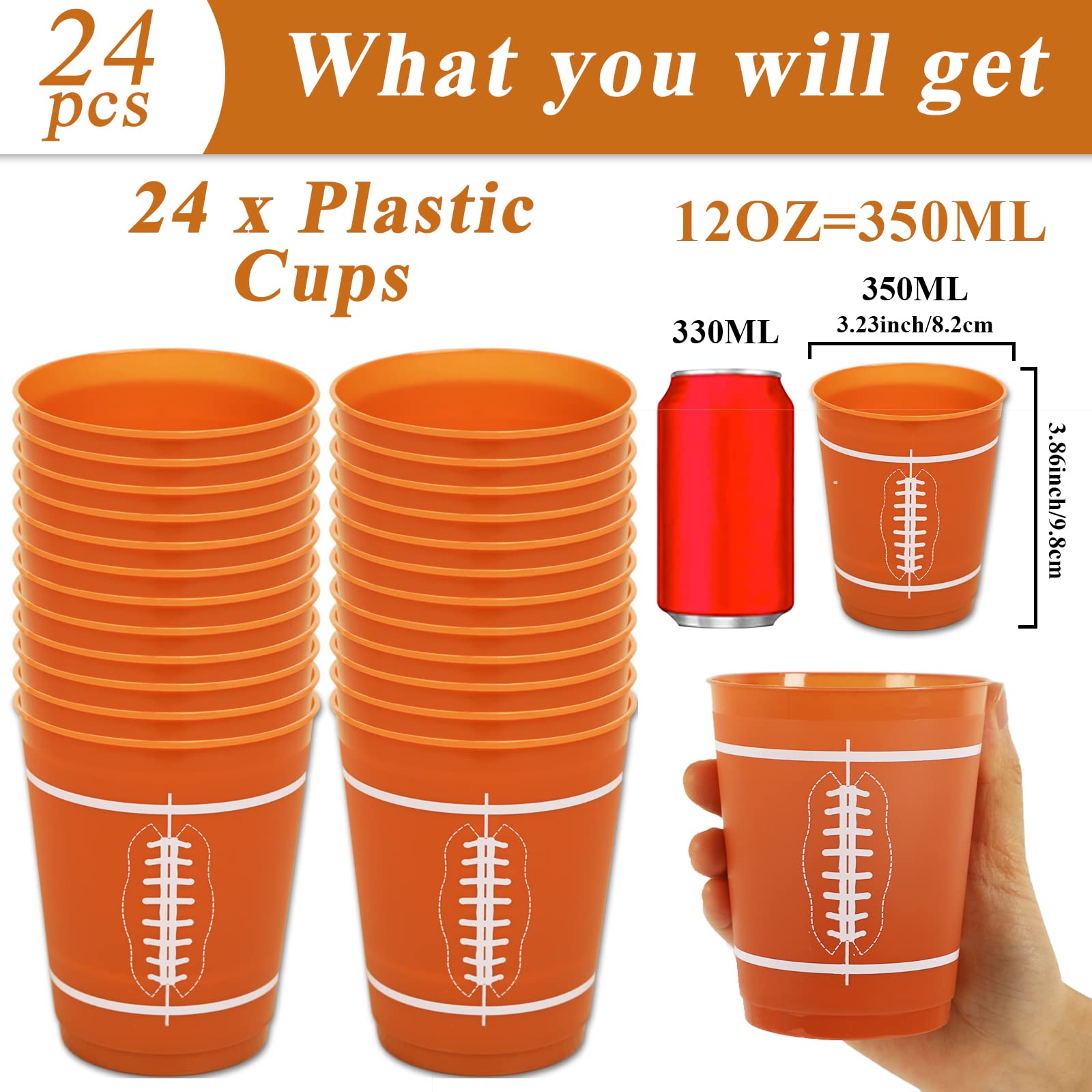 24 Pcs Football Plastic Cups Reusable Football Plastic Tumblers Party Supplies Sports Game Day Reusable Plastic Drinking Cups 12oz Party Decorations for Kids Football Birthday Baby Shower Party Favors