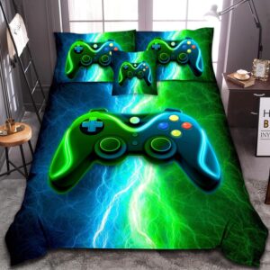 askotu 6 pcs gamer full bedding set for boys, blue green lightnings bed in a bag full size gaming comfortter set with sheets for boys