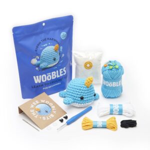 the woobles beginners crochet kit with easy peasy yarn as seen on shark tank - with step-by-step video tutorials - bjørn the narwhal