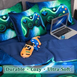 ASKOTU 6 Pcs Gamer Full Bedding Set for Boys, Blue Green Lightnings Bed in A Bag Full Size Gaming Comfortter Set with Sheets for Boys