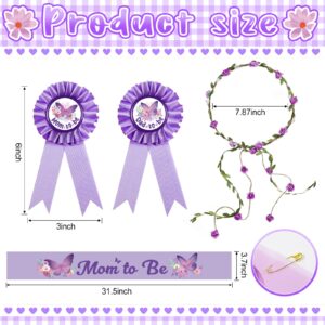 Butterfly Theme Mom to Be Sash Baby Shower Dad to Be Pin and Purple Flower Crown Headband for Gender Reveals Party Baby Shower Party Favors Decorations for Girls Pregnancy Photo Props Keepsake Gifts