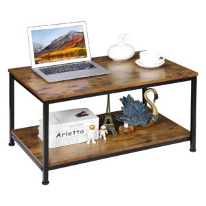 zenstyle industrial coffee table with storage shelf for living room, wood look accent furniture with vintage wooden board stable metal frame cocktail table 2-tier tea table (retro brown)