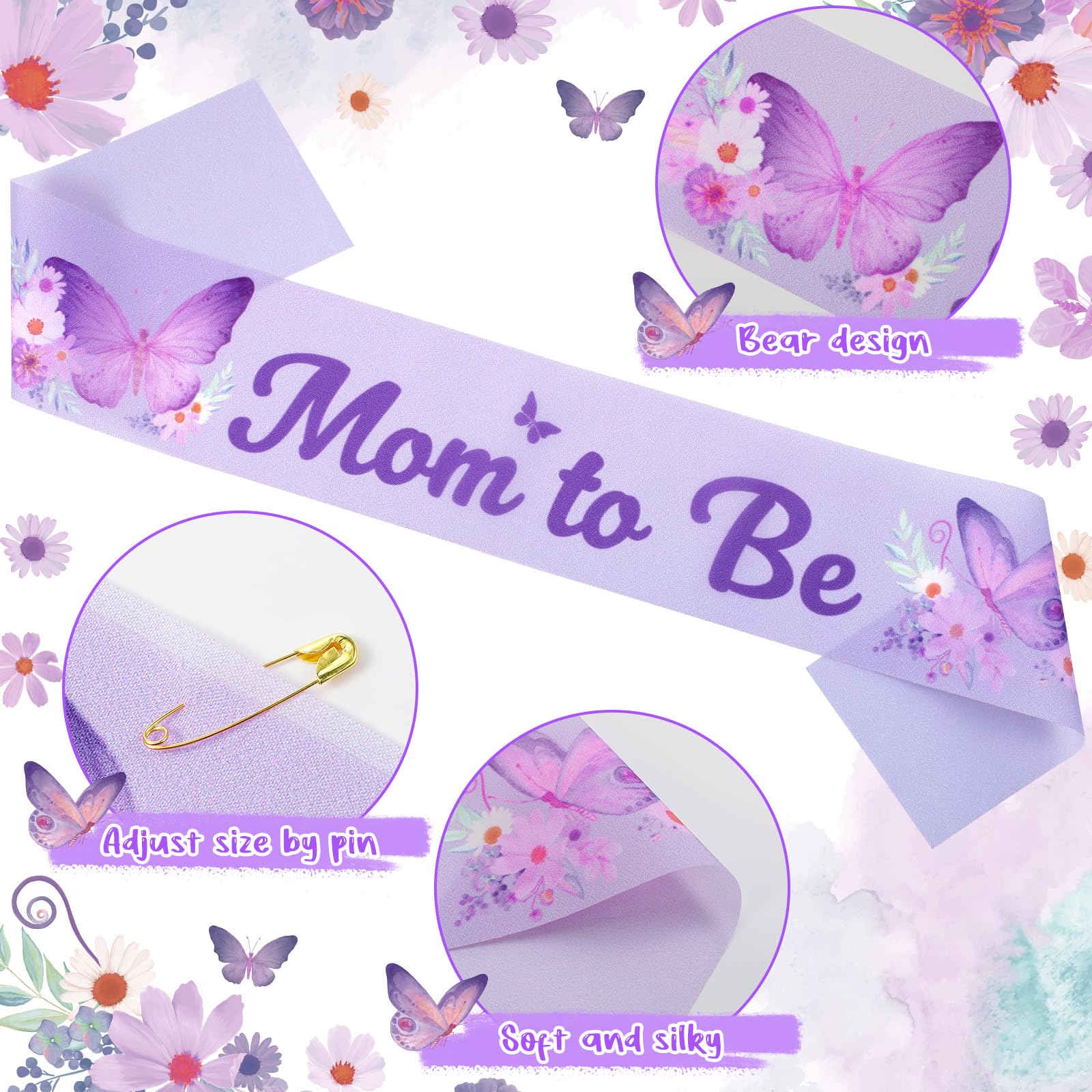 Butterfly Theme Mom to Be Sash Baby Shower Dad to Be Pin and Purple Flower Crown Headband for Gender Reveals Party Baby Shower Party Favors Decorations for Girls Pregnancy Photo Props Keepsake Gifts