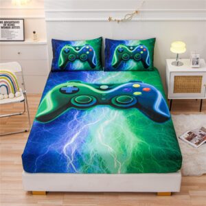 meeting story gamer gaming fitted sheet set-3pcs fitted deep pocket sheet mattress, tie dye lightnings gamepad printed bedding set colorful modern room decor(blue-green,full)