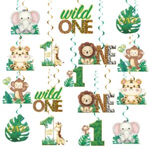 16pcs wild one birthday decorations hanging swirls for boys girls, jungle safari theme 1st birthday foil swirls party supplies, safari animal first bday ceiling sign decor