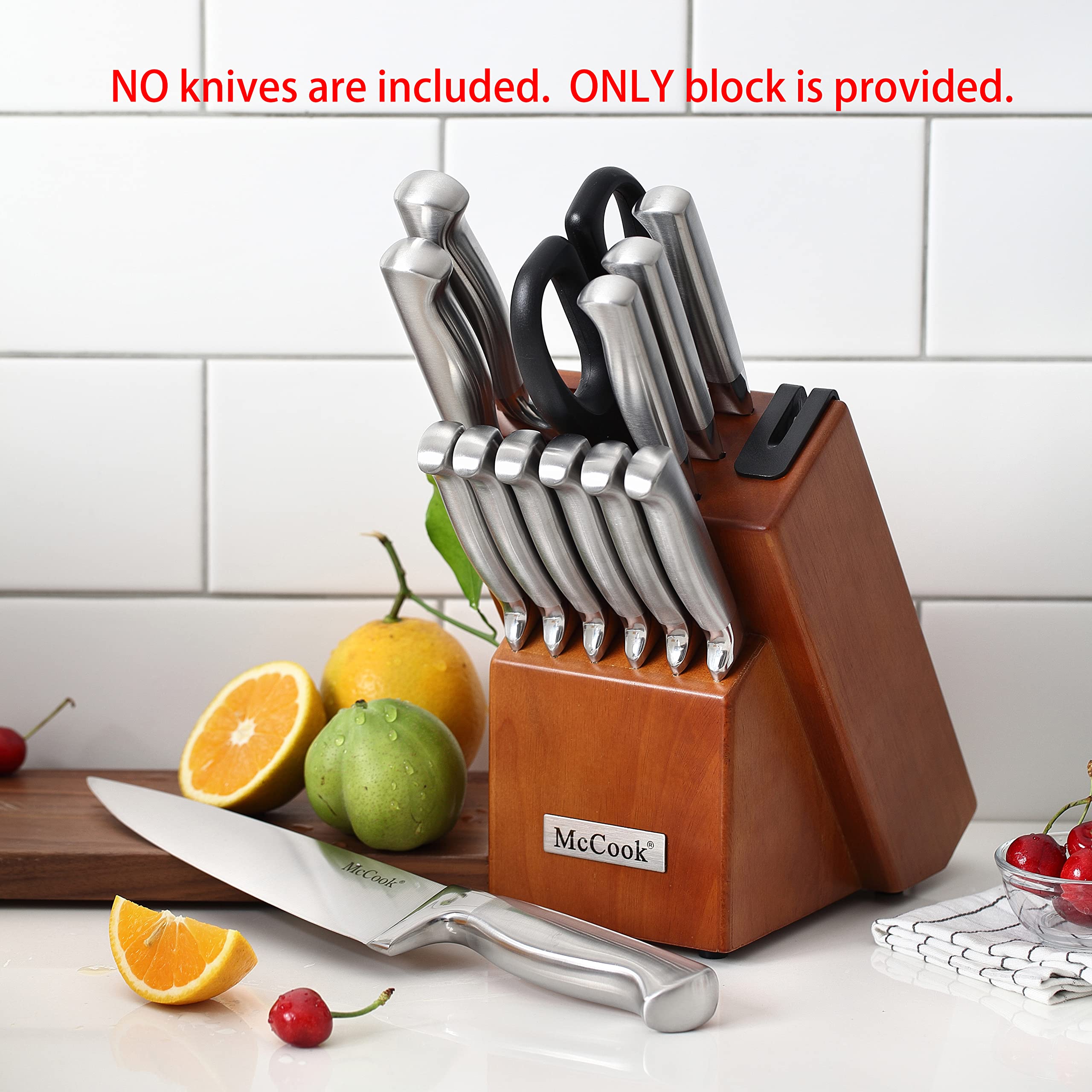 McCook Knife Block w built-in sharpener Wood Kitchen Knife Block Holder without Knives Countertop Butcher Block Knife Holder and Organizer with 13 Slots for Easy Kitchen Knife Storage