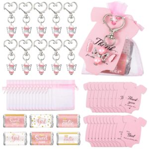 teling 50 sets baby shower party favors include baby shower angel keychains baby girl label sticker elephant thank you card organza bag for girl baby shower birthday party return gift (pink)