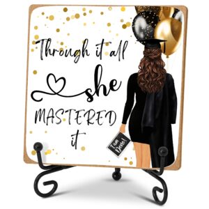 2025 graduation decorations, graduation gifts for her, inspirational desk decor wood plaque with stand, congrats grad gift for college master degree graduated women girl- she mastered it -a32