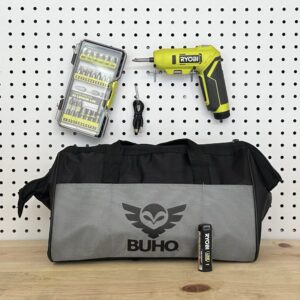 USB Lithium Screwdriver Bundle with Ryobi Cordless Screwdriver, USB Lithium 2.0 Ah 4-Volt Lithium-ion Rechargeable Battery, USB Charging Cable, Multipurpose Drill Bit Set and 16 Inch Buho Tool Bag