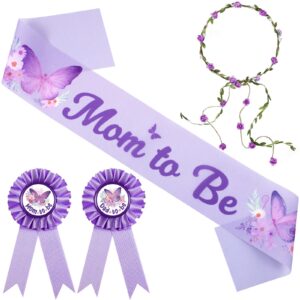 butterfly theme mom to be sash baby shower dad to be pin and purple flower crown headband for gender reveals party baby shower party favors decorations for girls pregnancy photo props keepsake gifts